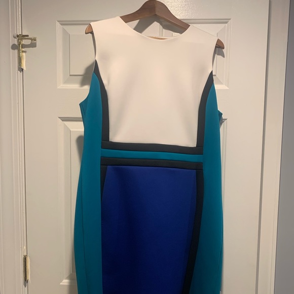 Calvin Klein | Dresses | Calvin Klein Colorblock Bluetealwhite Sheath ...